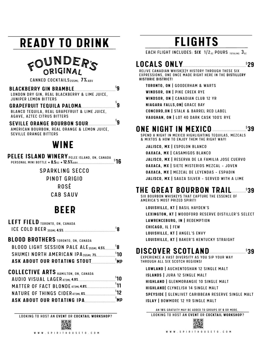 IN-HOUSE MENU – SpiritHouse Toronto